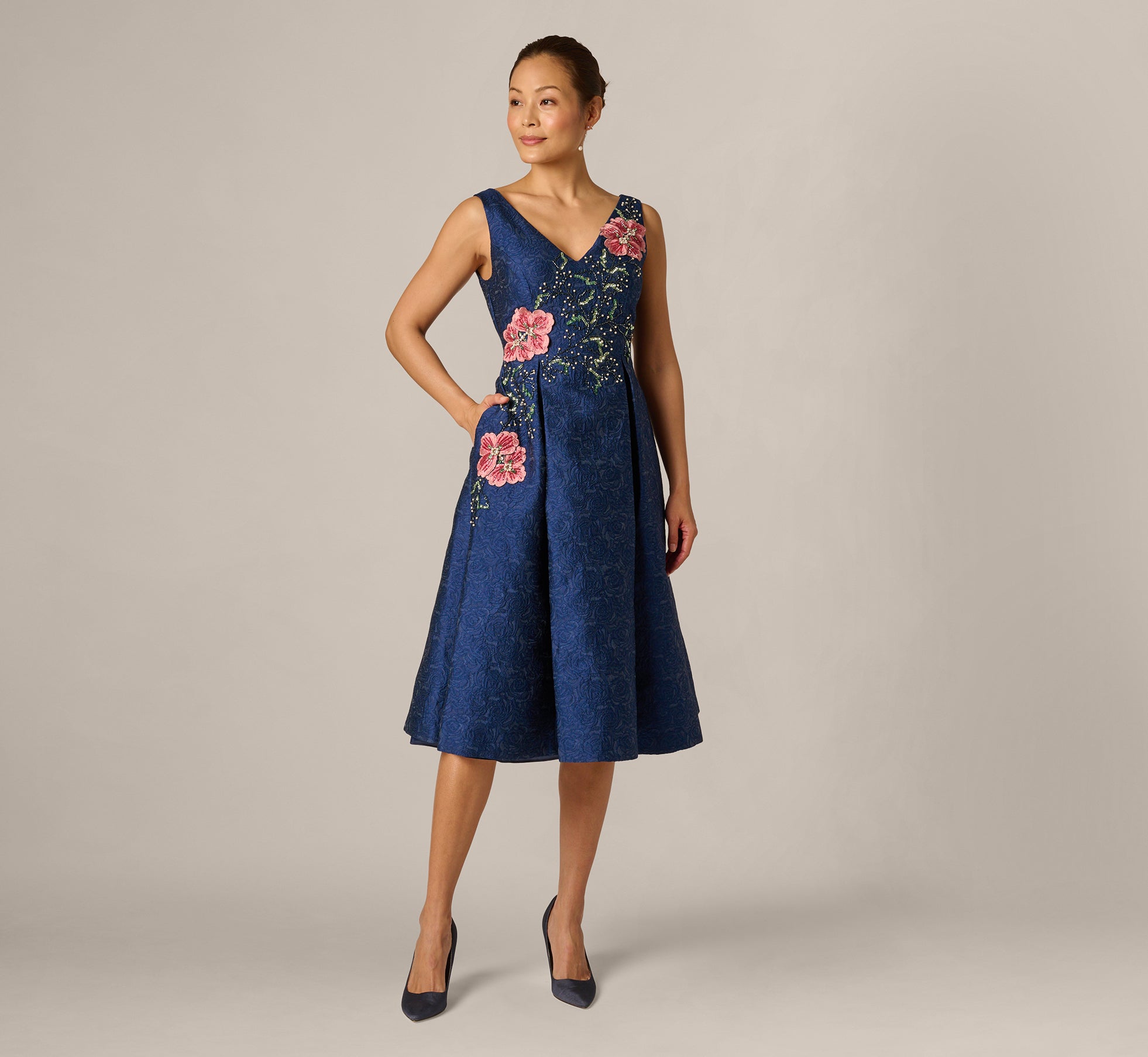 ADRIANNA PAPELL Floral Beaded Fit and Flare Midi Dress